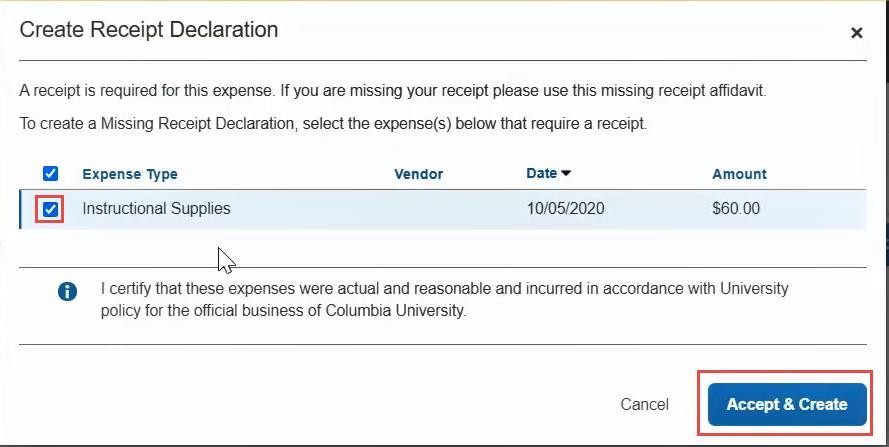 Adding a Missing Receipt Declaration to a Concur Expense Item Job Aid | Finance Training